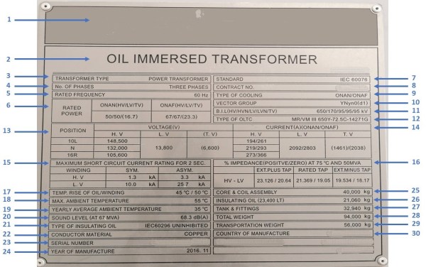 Transformer Rating Plate - EEEB